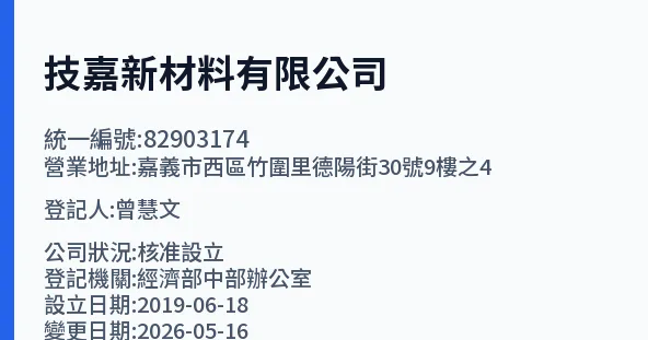 技嘉新材料有限公司的照片-統編 82903174(嘉義市) 公司登記資料與營業項目詳細圖表