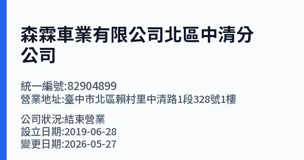森霖車業有限公司北區中清分公司的照片-統編 82904899(臺中市) 公司登記資料與營業項目詳細圖表
