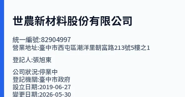 世農新材料股份有限公司的照片-統編 82904997(臺中市) 公司登記資料與營業項目詳細圖表