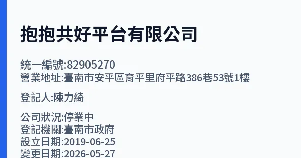 抱抱共好平台有限公司的照片-統編 82905270(臺南市) 公司登記資料與營業項目詳細圖表