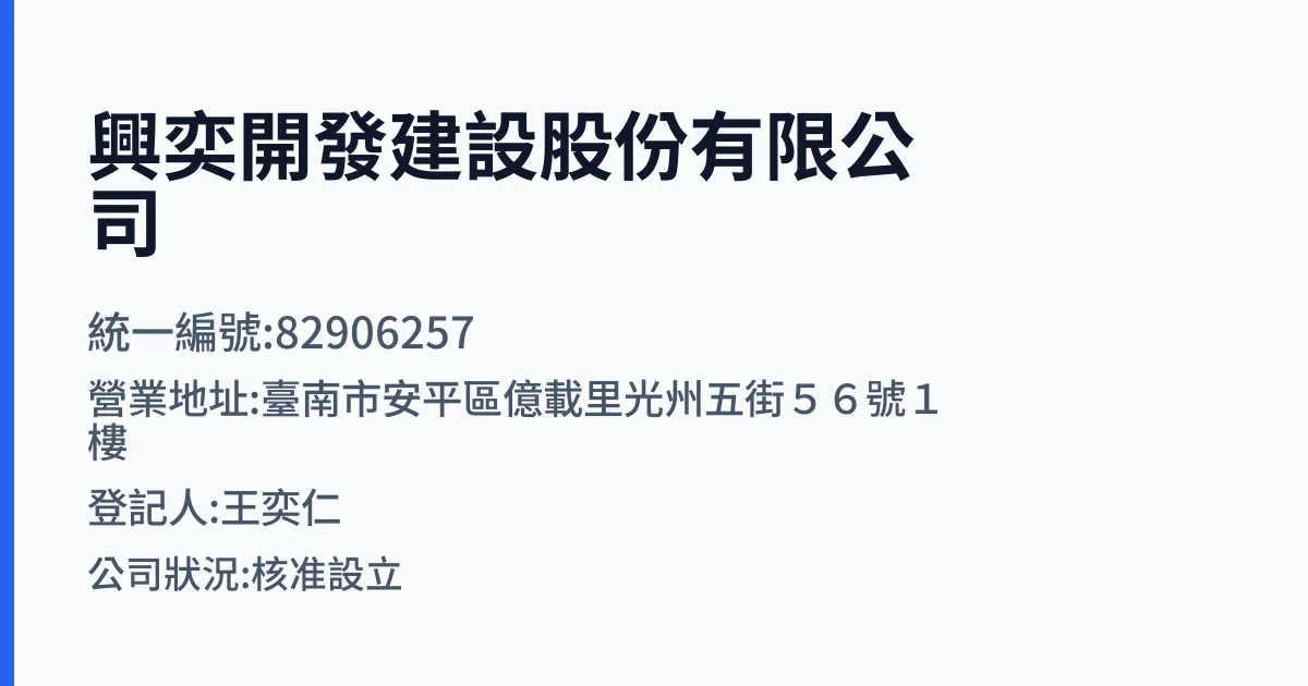 興奕開發建設股份有限公司 - 統編 82906257(臺南市) 公司登記資料與營業項目詳細圖表