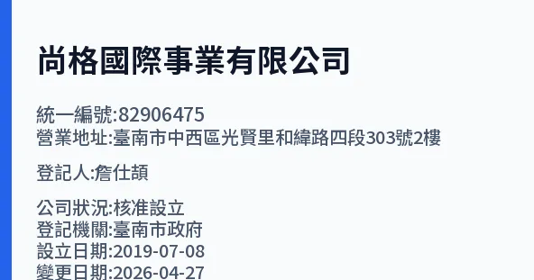 尚格國際事業有限公司的照片-統編 82906475(臺南市) 公司登記資料與營業項目詳細圖表