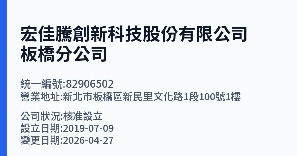 宏佳騰創新科技股份有限公司板橋分公司的照片-統編 82906502(新北市) 公司登記資料與營業項目詳細圖表