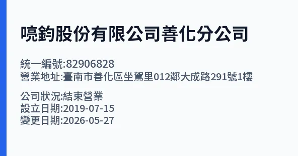 喨鈞股份有限公司善化分公司的照片-統編 82906828(臺南市) 公司登記資料與營業項目詳細圖表