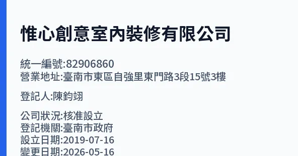 惟心創意室內裝修有限公司的照片-統編 82906860(臺南市) 公司登記資料與營業項目詳細圖表