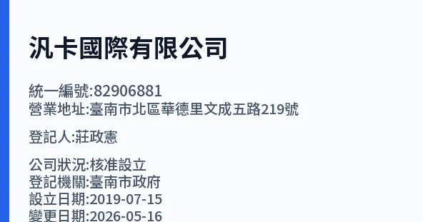 汎卡國際有限公司的照片-統編 82906881(臺南市) 公司登記資料與營業項目詳細圖表