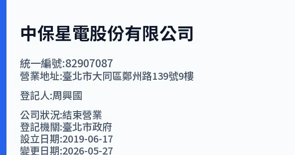 中保星電股份有限公司的照片-統編 82907087(臺北市) 公司登記資料與營業項目詳細圖表