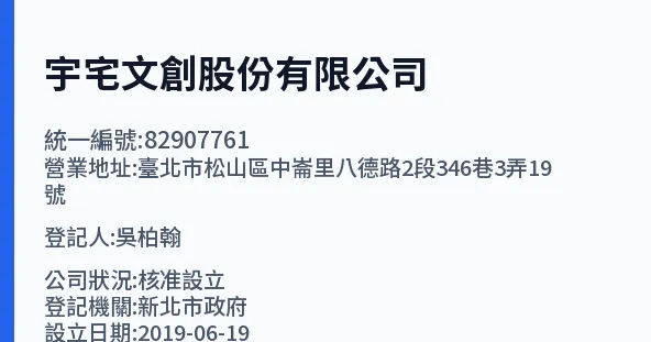 宇宅文創股份有限公司的照片-統編 82907761(臺北市) 公司登記資料與營業項目詳細圖表