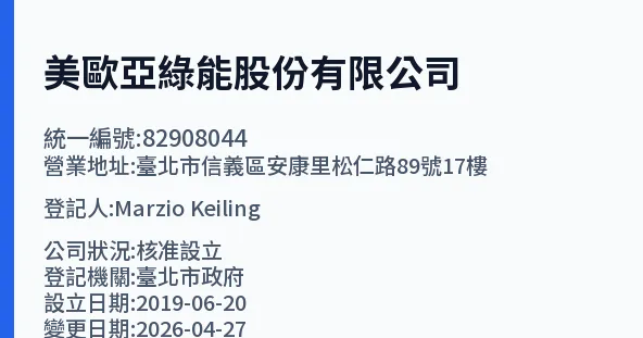 美歐亞綠能股份有限公司的照片-統編 82908044(臺北市) 公司登記資料與營業項目詳細圖表
