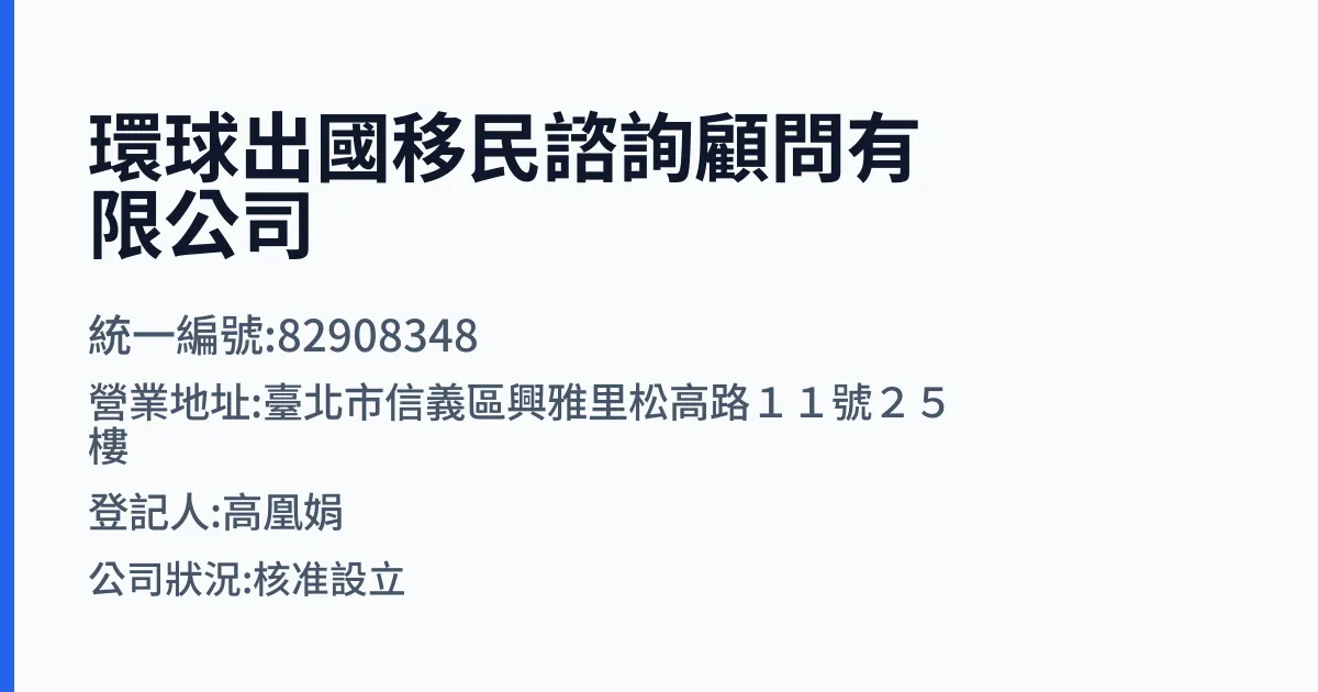 環球出國移民諮詢顧問有限公司 - 統編 82908348(臺北市) 公司登記資料與營業項目詳細圖表
