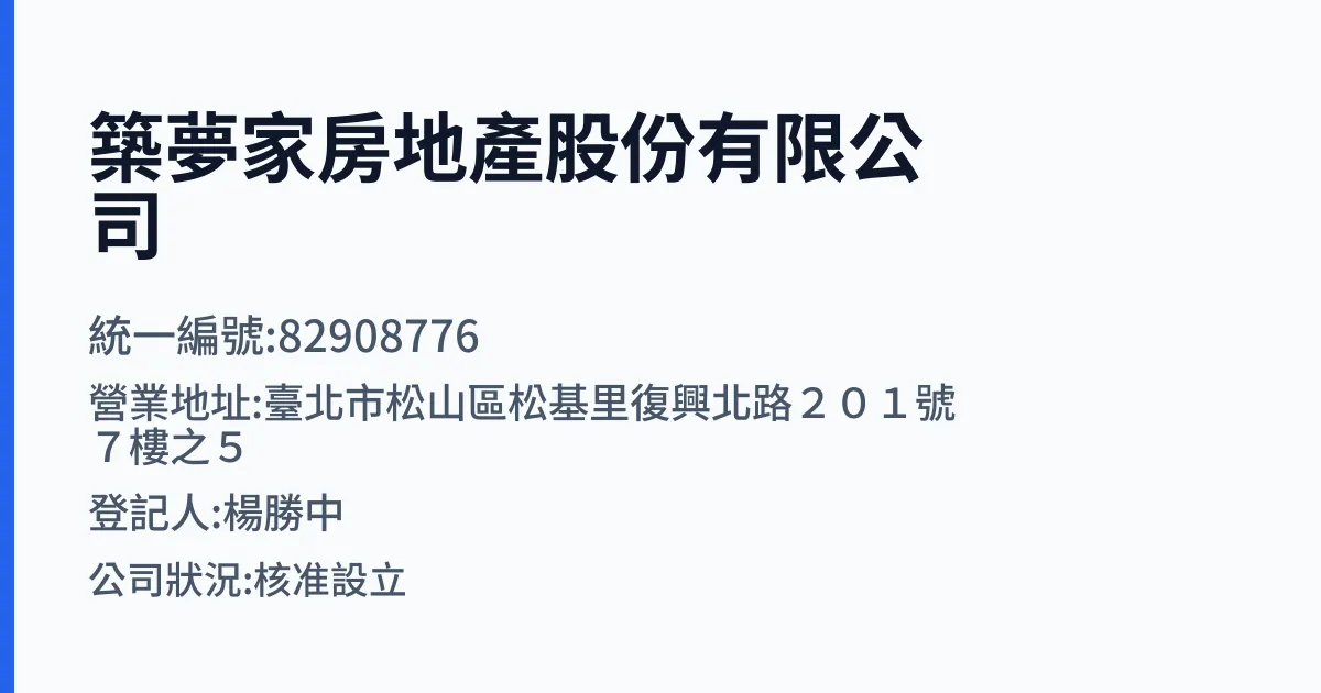築夢家房地產股份有限公司 - 統編 82908776(臺北市) 公司登記資料與營業項目詳細圖表