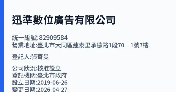 迅準數位廣告有限公司的照片-統編 82909584(臺北市) 公司登記資料與營業項目詳細圖表
