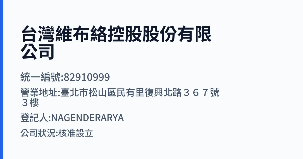 台灣維布絡控股股份有限公司 - 統編 82910999(臺北市) 公司登記資料與營業項目詳細圖表