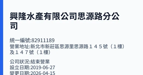 興隆水產有限公司思源路分公司的照片-統編 82911189(新北市) 公司登記資料與營業項目詳細圖表