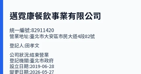 邁霓康餐飲事業有限公司的照片-統編 82911420(臺北市) 公司登記資料與營業項目詳細圖表