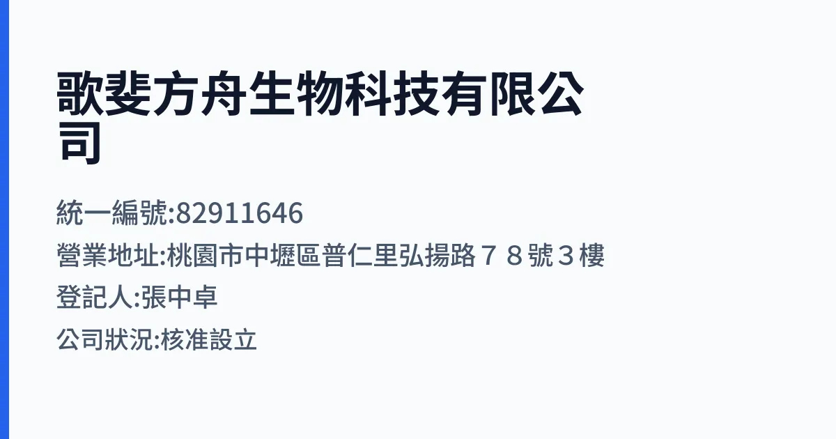 歌斐方舟生物科技有限公司 - 統編 82911646(桃園市) 公司登記資料與營業項目詳細圖表