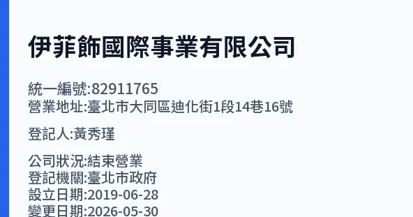 伊菲飾國際事業有限公司的照片-統編 82911765(臺北市) 公司登記資料與營業項目詳細圖表
