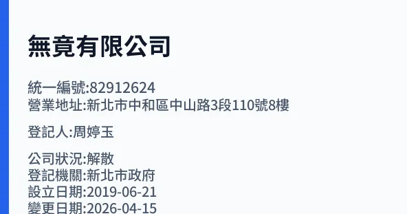 無竟有限公司的照片-統編 82912624(新北市) 公司登記資料與營業項目詳細圖表