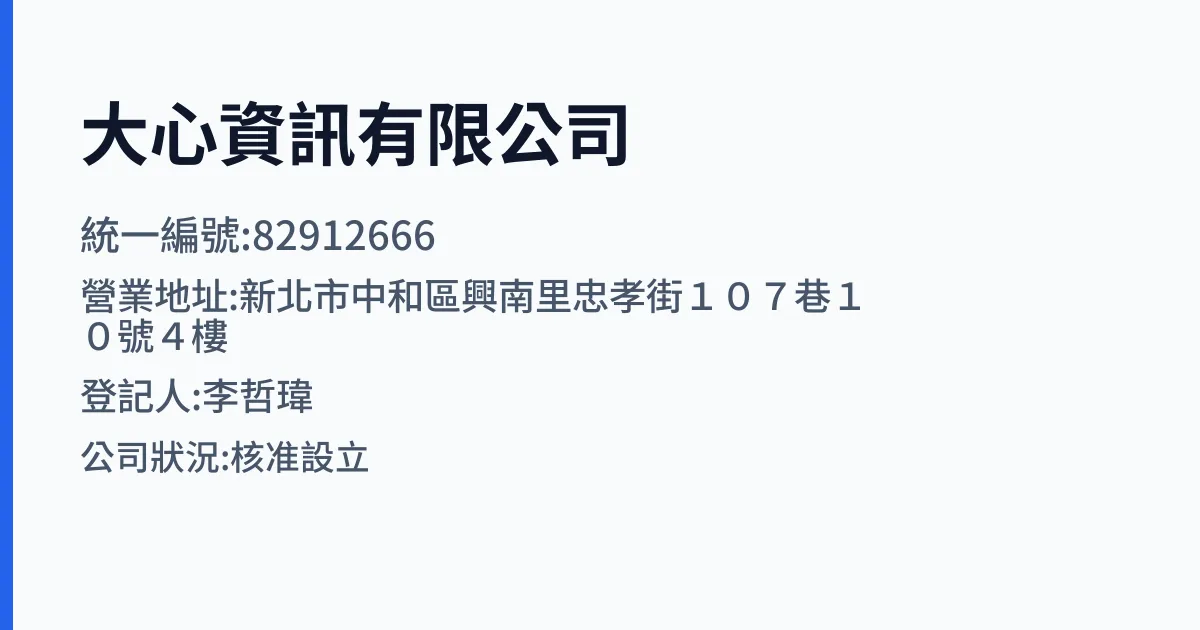 大心資訊有限公司 - 統編 82912666（新北市） 公司登記資料與營業項目詳細圖表