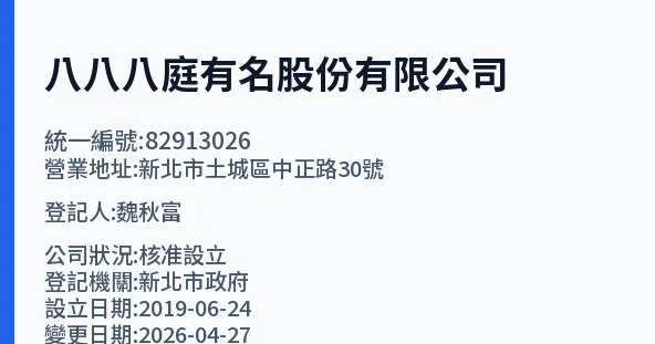 八八八庭有名股份有限公司的照片-統編 82913026(新北市) 公司登記資料與營業項目詳細圖表