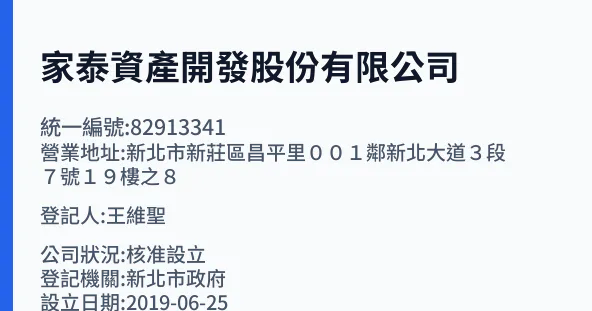 家泰資產開發股份有限公司的照片-統編 82913341(新北市) 公司登記資料與營業項目詳細圖表