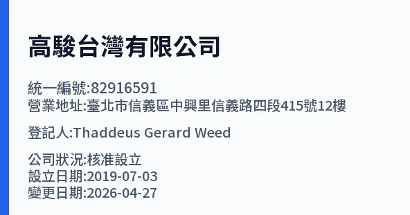 高駿台灣有限公司的照片-統編 82916591(臺北市) 公司登記資料與營業項目詳細圖表