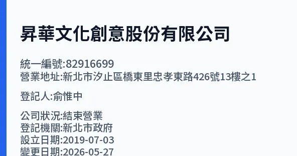 昇華文化創意股份有限公司的照片-統編 82916699(新北市) 公司登記資料與營業項目詳細圖表
