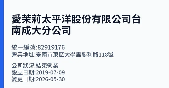 愛茉莉太平洋股份有限公司台南成大分公司的照片-統編 82919176(臺南市) 公司登記資料與營業項目詳細圖表