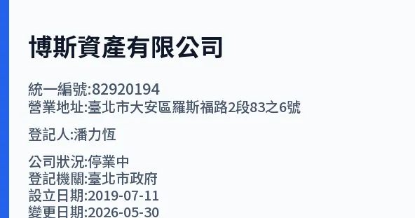 博斯資產有限公司的照片-統編 82920194(臺北市) 公司登記資料與營業項目詳細圖表