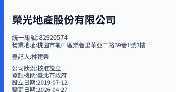 榮光地產股份有限公司的照片-統編 82920574(桃園市) 公司登記資料與營業項目詳細圖表
