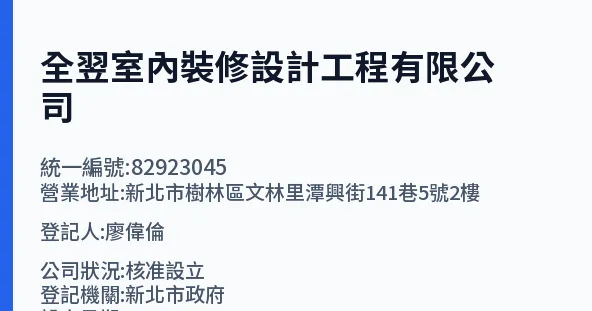全翌室內裝修設計工程有限公司的照片-統編 82923045(新北市) 公司登記資料與營業項目詳細圖表