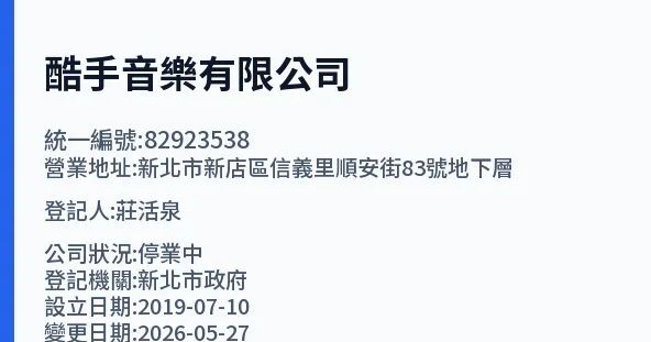 酷手音樂有限公司的照片-統編 82923538(新北市) 公司登記資料與營業項目詳細圖表