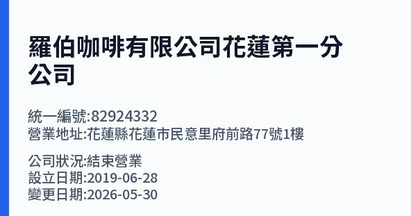 羅伯咖啡有限公司花蓮第一分公司的照片-統編 82924332(花蓮縣) 公司登記資料與營業項目詳細圖表