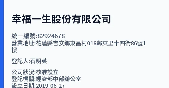 幸福一生股份有限公司的照片-統編 82924678(花蓮縣) 公司登記資料與營業項目詳細圖表