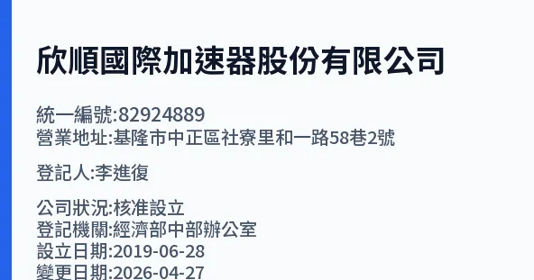 欣順國際加速器股份有限公司的照片-統編 82924889(基隆市) 公司登記資料與營業項目詳細圖表