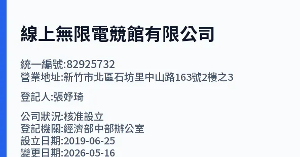 線上無限電競館有限公司的照片-統編 82925732(新竹市) 公司登記資料與營業項目詳細圖表