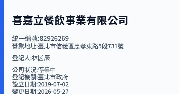 喜嘉立餐飲事業有限公司的照片-統編 82926269(臺北市) 公司登記資料與營業項目詳細圖表
