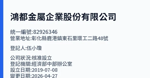 鴻都金屬企業股份有限公司的照片-統編 82926346(彰化縣) 公司登記資料與營業項目詳細圖表