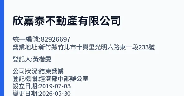 欣嘉泰不動產有限公司的照片-統編 82926697(新竹縣) 公司登記資料與營業項目詳細圖表