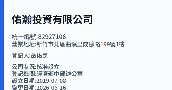 佑瀚投資有限公司的照片-統編 82927106(新竹市) 公司登記資料與營業項目詳細圖表