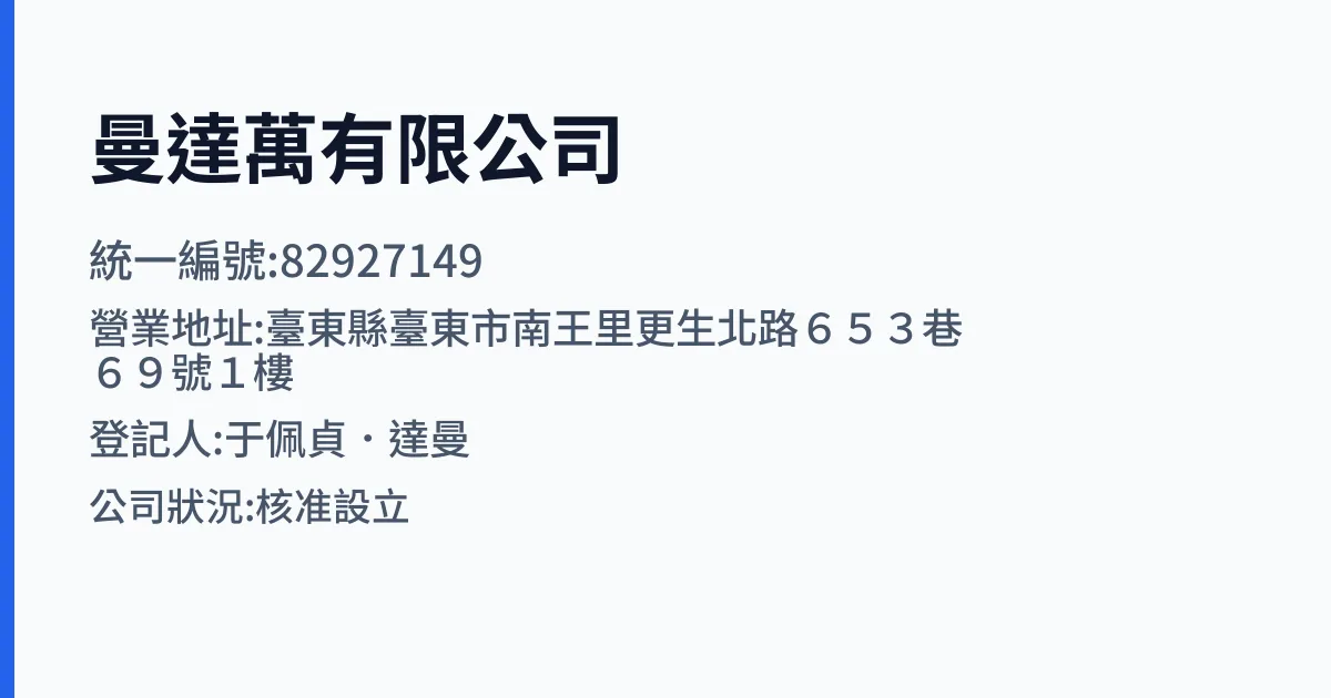 曼達萬有限公司 - 統編 82927149（臺東縣） 公司登記資料與營業項目詳細圖表