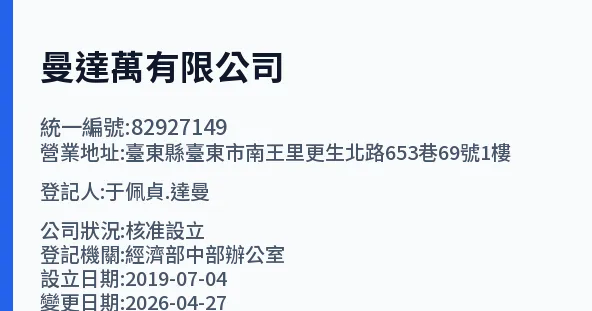 曼達萬有限公司的照片-統編 82927149(臺東縣) 公司登記資料與營業項目詳細圖表