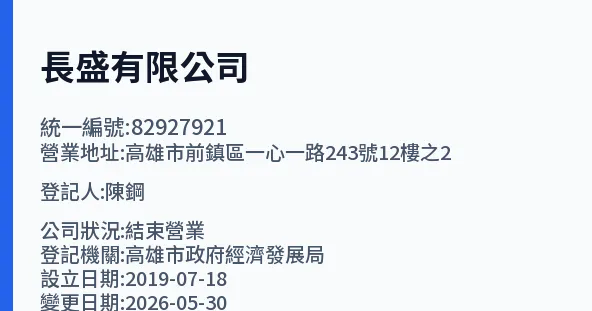 長盛有限公司的照片-統編 82927921(高雄市) 公司登記資料與營業項目詳細圖表