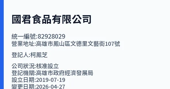 國君食品有限公司的照片-統編 82928029(高雄市) 公司登記資料與營業項目詳細圖表