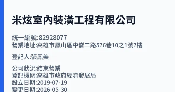 米炫室內裝潢工程有限公司的照片-統編 82928077(高雄市) 公司登記資料與營業項目詳細圖表