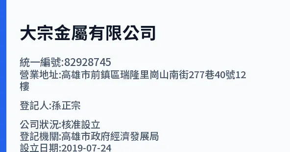 大宗金屬有限公司的照片-統編 82928745(高雄市) 公司登記資料與營業項目詳細圖表