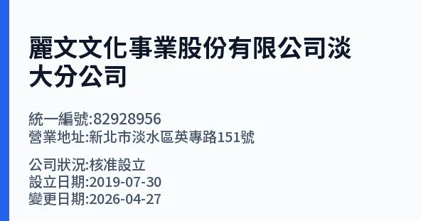 麗文文化事業股份有限公司淡大分公司的照片-統編 82928956(新北市) 公司登記資料與營業項目詳細圖表