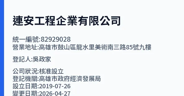 連安工程企業有限公司的照片-統編 82929028(高雄市) 公司登記資料與營業項目詳細圖表
