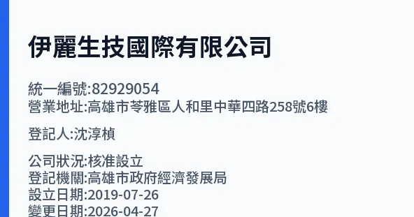 伊麗生技國際有限公司的照片-統編 82929054(高雄市) 公司登記資料與營業項目詳細圖表