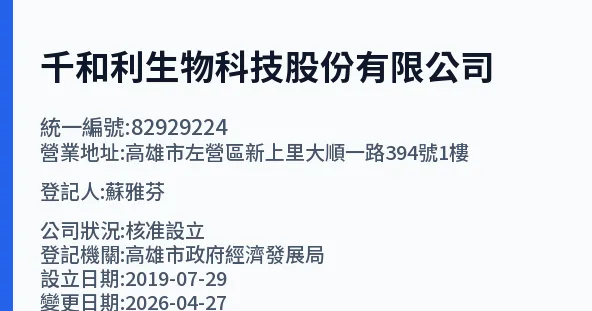 千和利生物科技股份有限公司的照片-統編 82929224(高雄市) 公司登記資料與營業項目詳細圖表